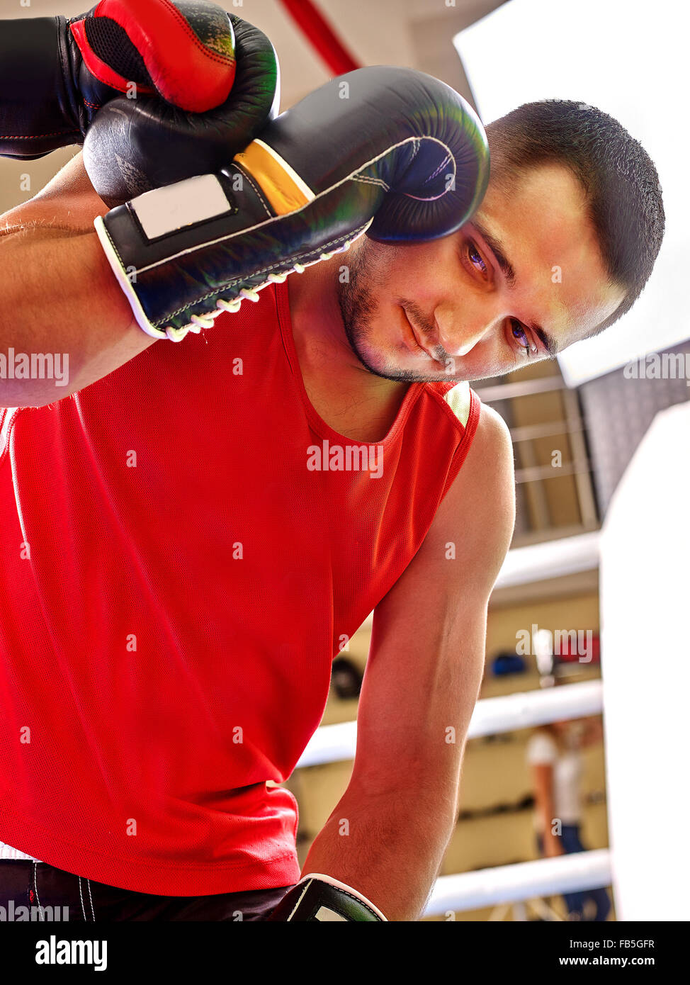 Two men boxer wearing helmet boxing Stock Photo - Alamy
