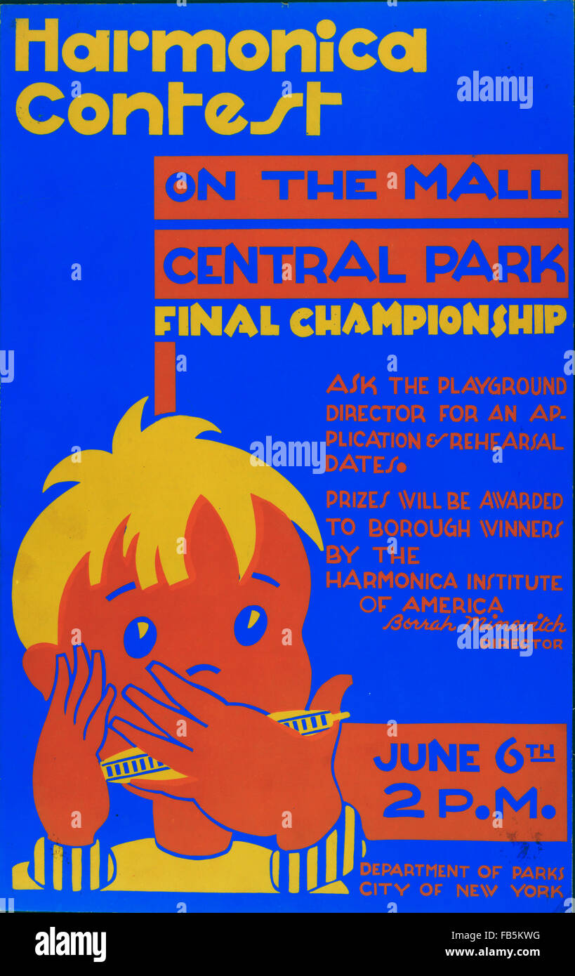 Work Projects Administration (WPA) poster for a Central Park Harmonica ...