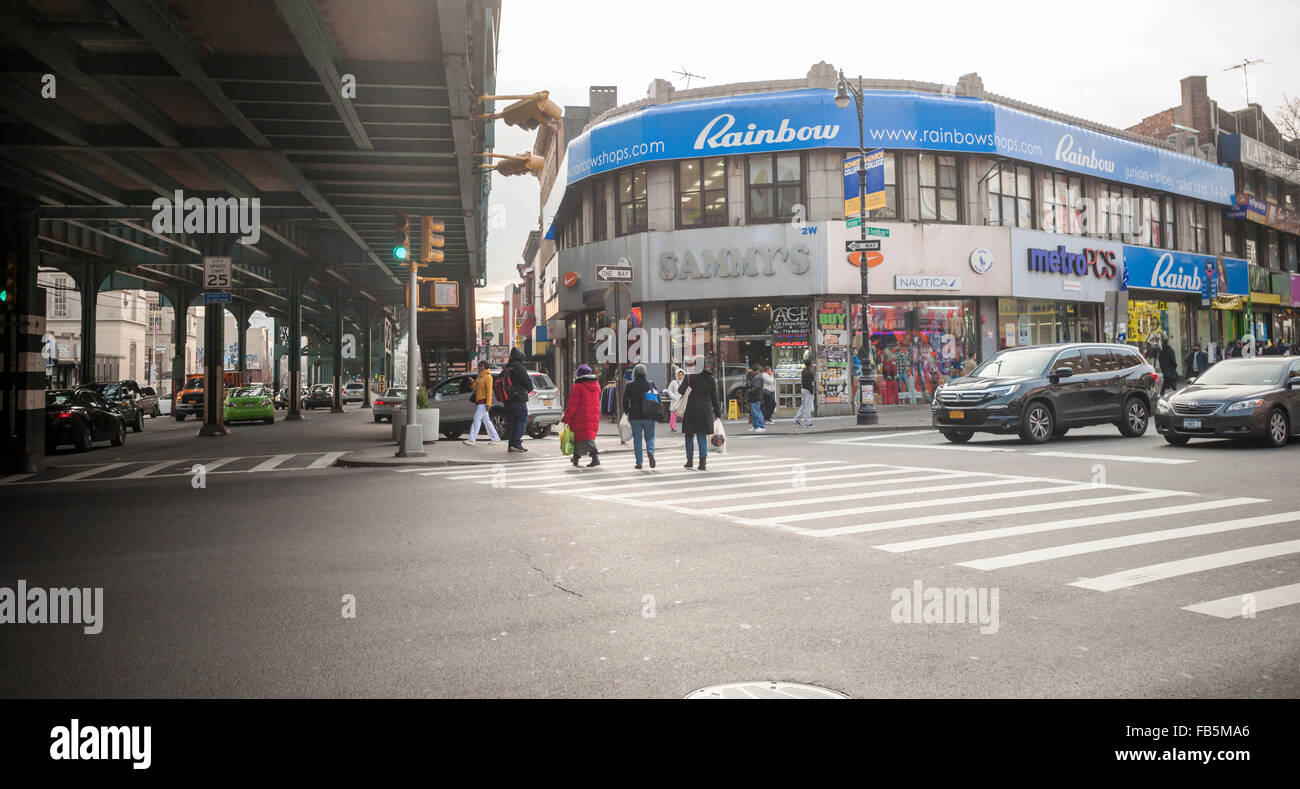Businesses in the Fordham Road shopping district in the Bronx in New ...