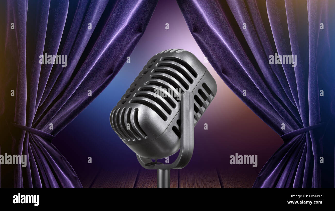 stage with open curtains and microphone. Header for website Stock Photo ...