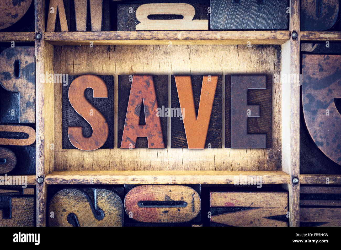 The word "Save" written in vintage wooden letterpress type Stock Photo ...