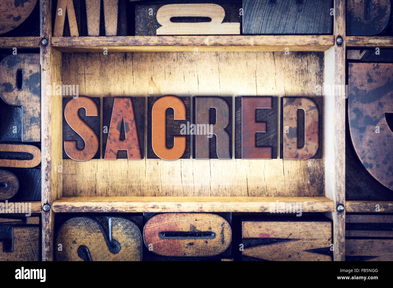 The word "Sacred" written in vintage wooden letterpress type Stock ...