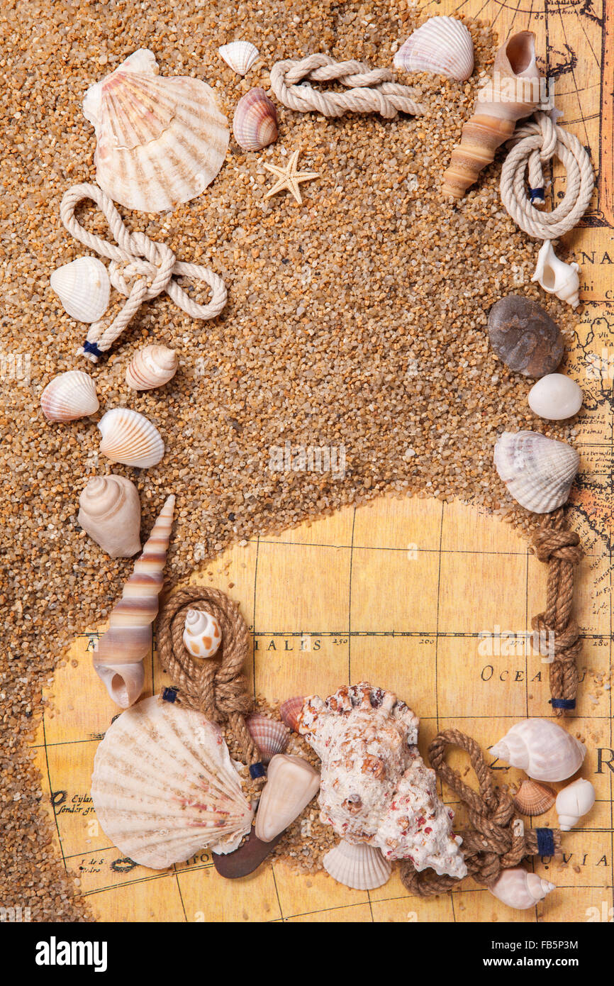 background of various shells on sand and old map. Top view Stock Photo ...