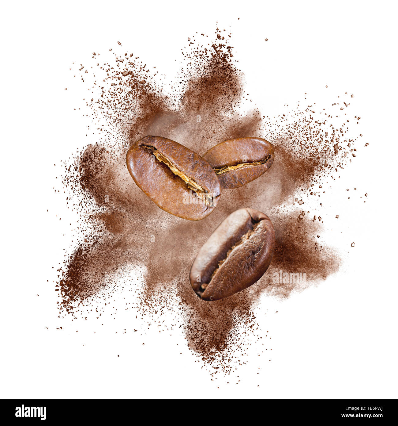 Coffee beans explosion isolated on white background Stock Photo - Alamy