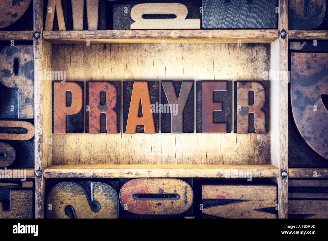 The word "Prayer" written in vintage wooden letterpress type Stock ...