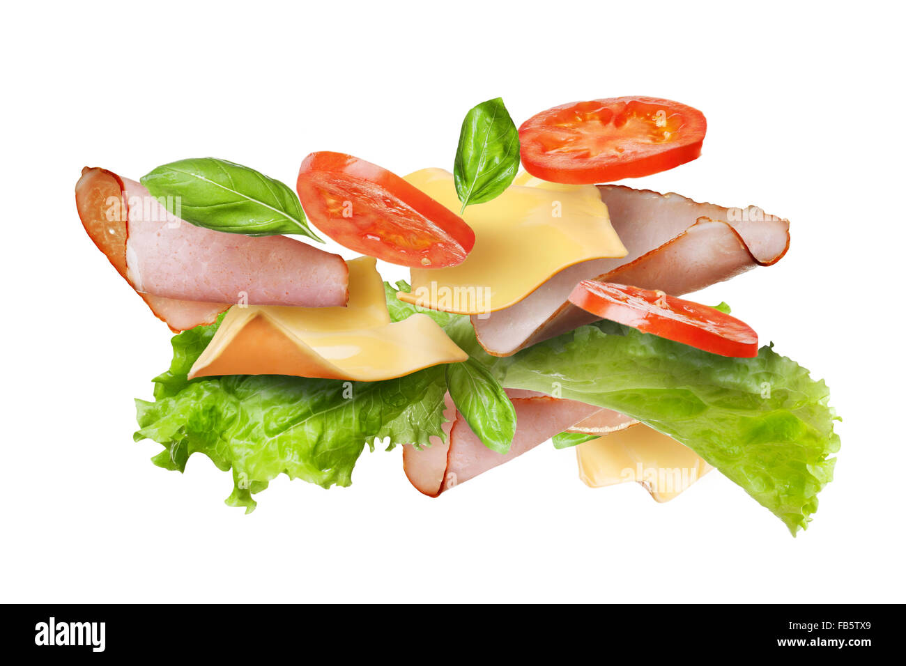 Ingredients for sandwich falling in the air isolated on white - slices ...