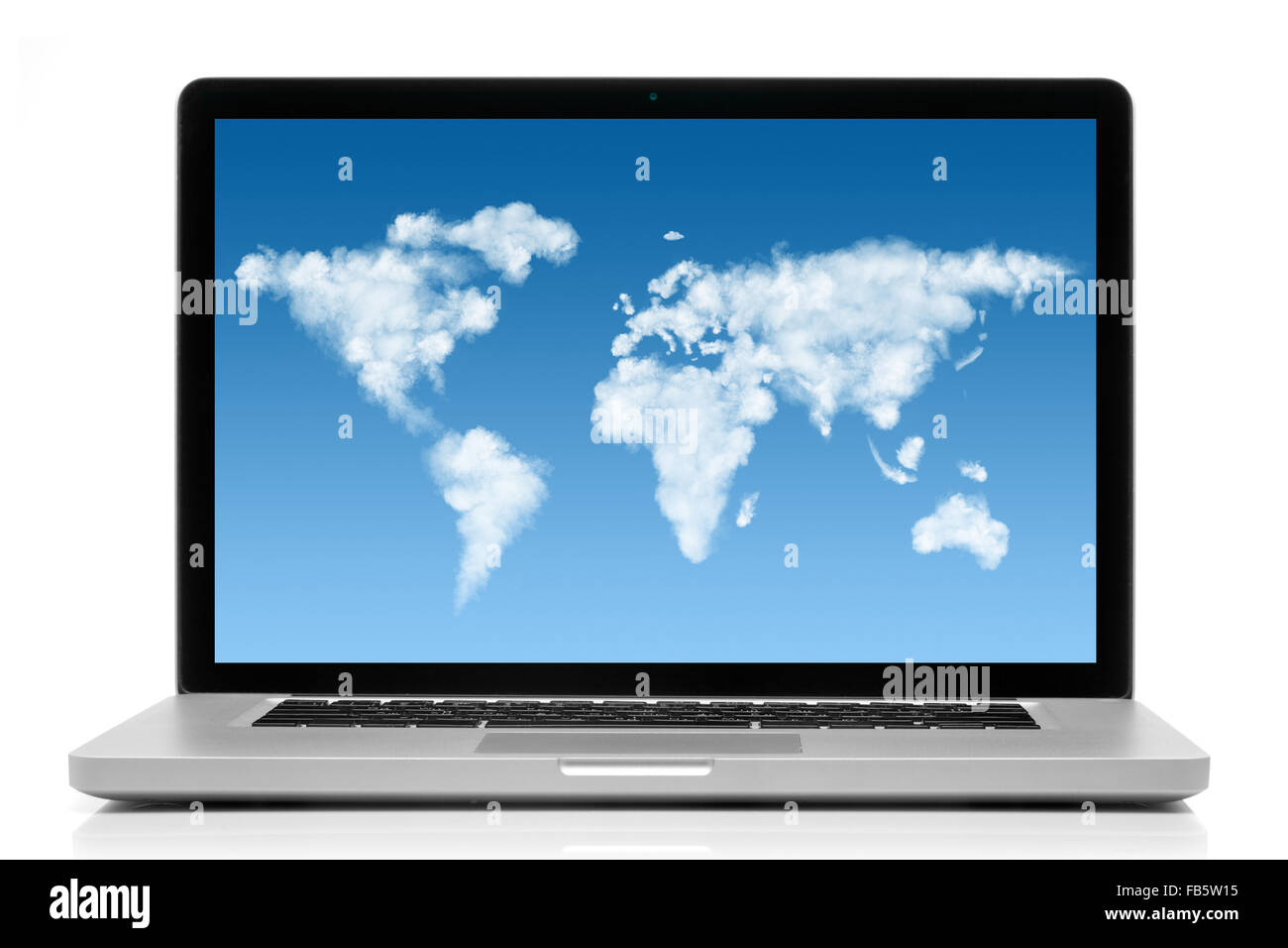 Laptop with world map made of clouds on screen isolated on white ...