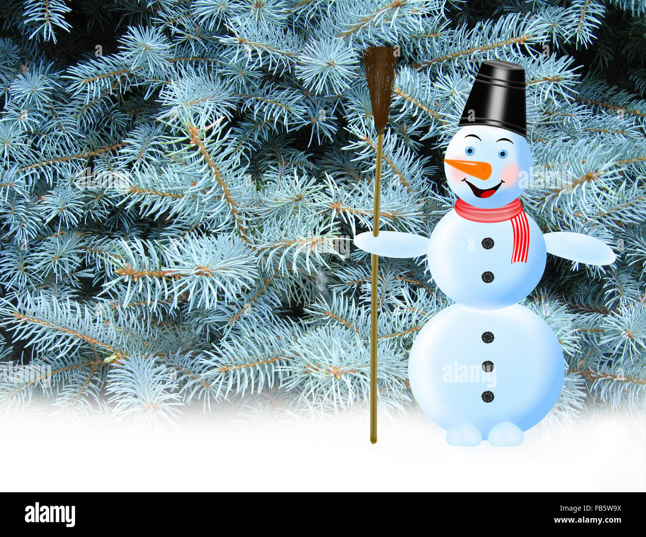 fabulous snowman and snow falling on the background of New Year tree ...