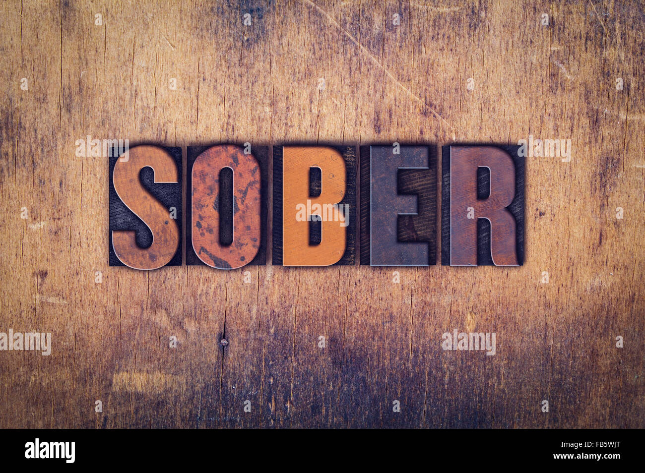 The word "Sober" written in dirty vintage letterpress type on a aged ...