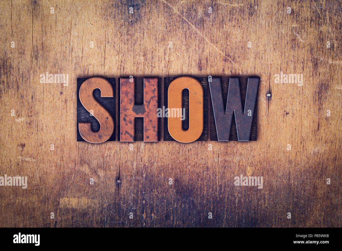 The word "Show" written in dirty vintage letterpress type on a aged ...