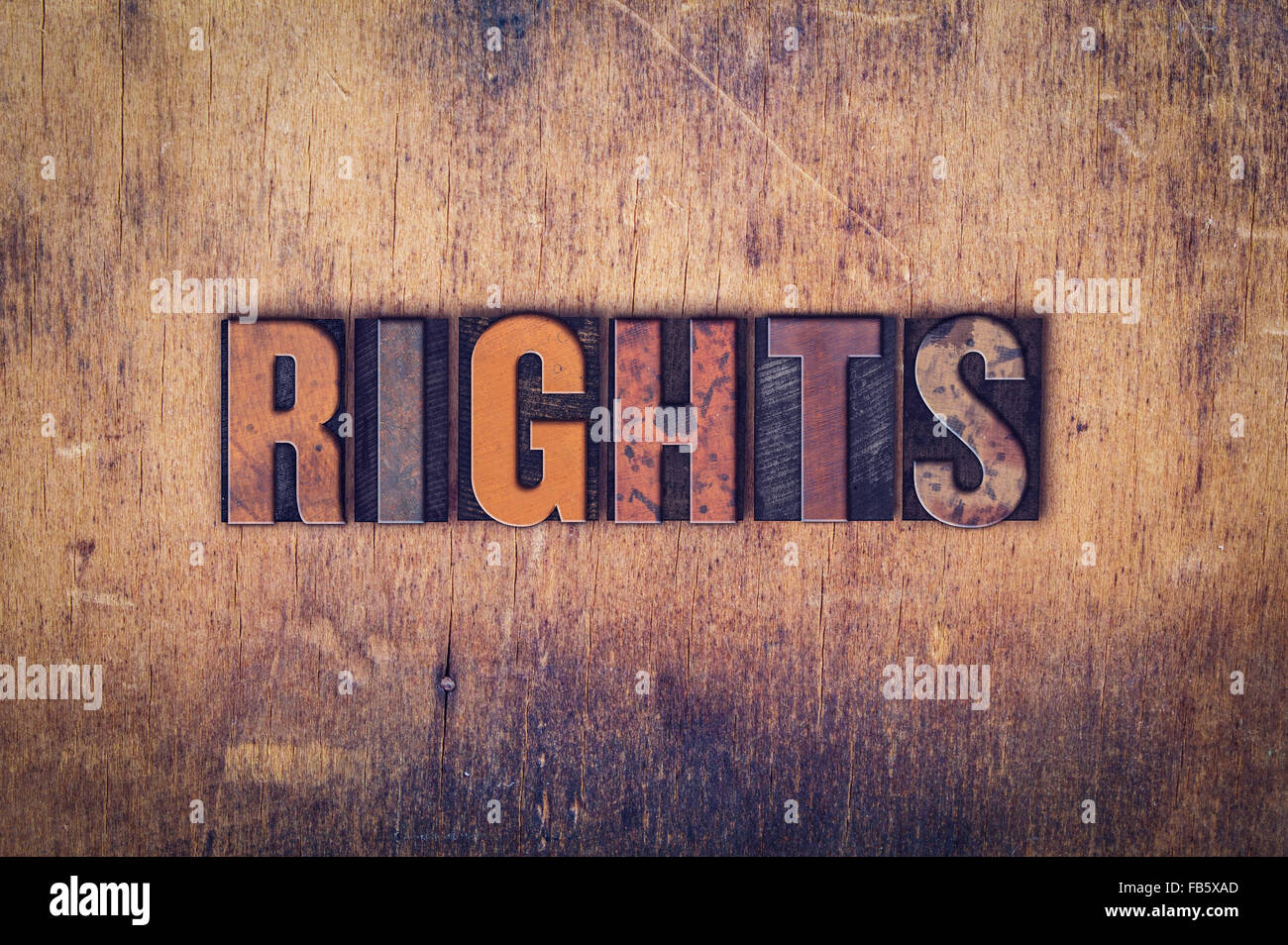 The word "Rights" written in dirty vintage letterpress type on a aged ...