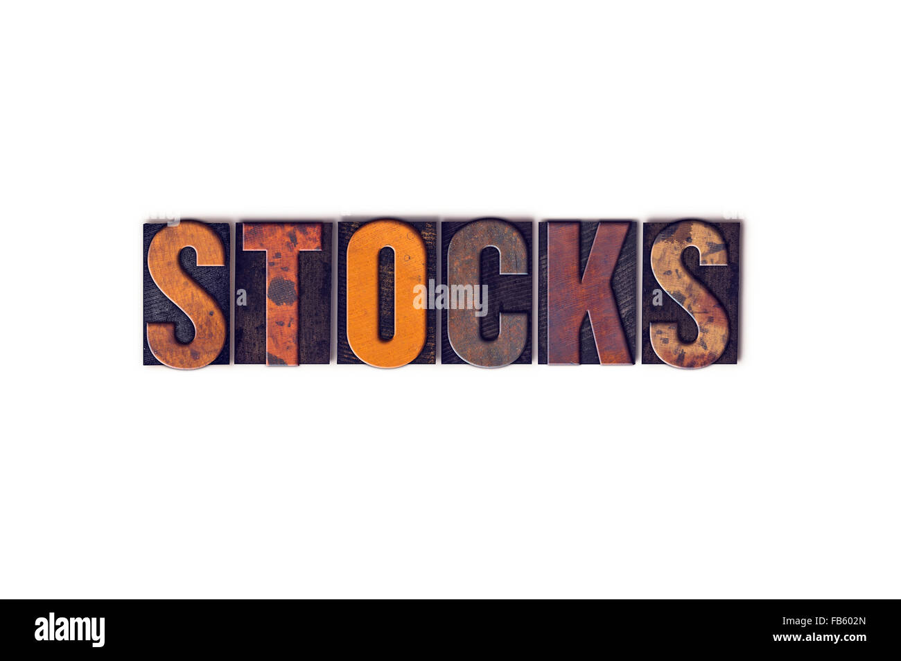 The word "Stocks" written in isolated vintage wooden letterpress type ...