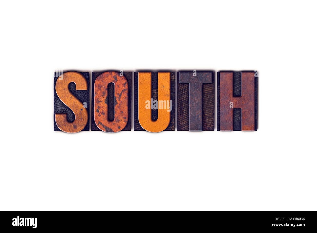 The word "South" written in isolated vintage wooden letterpress type on ...