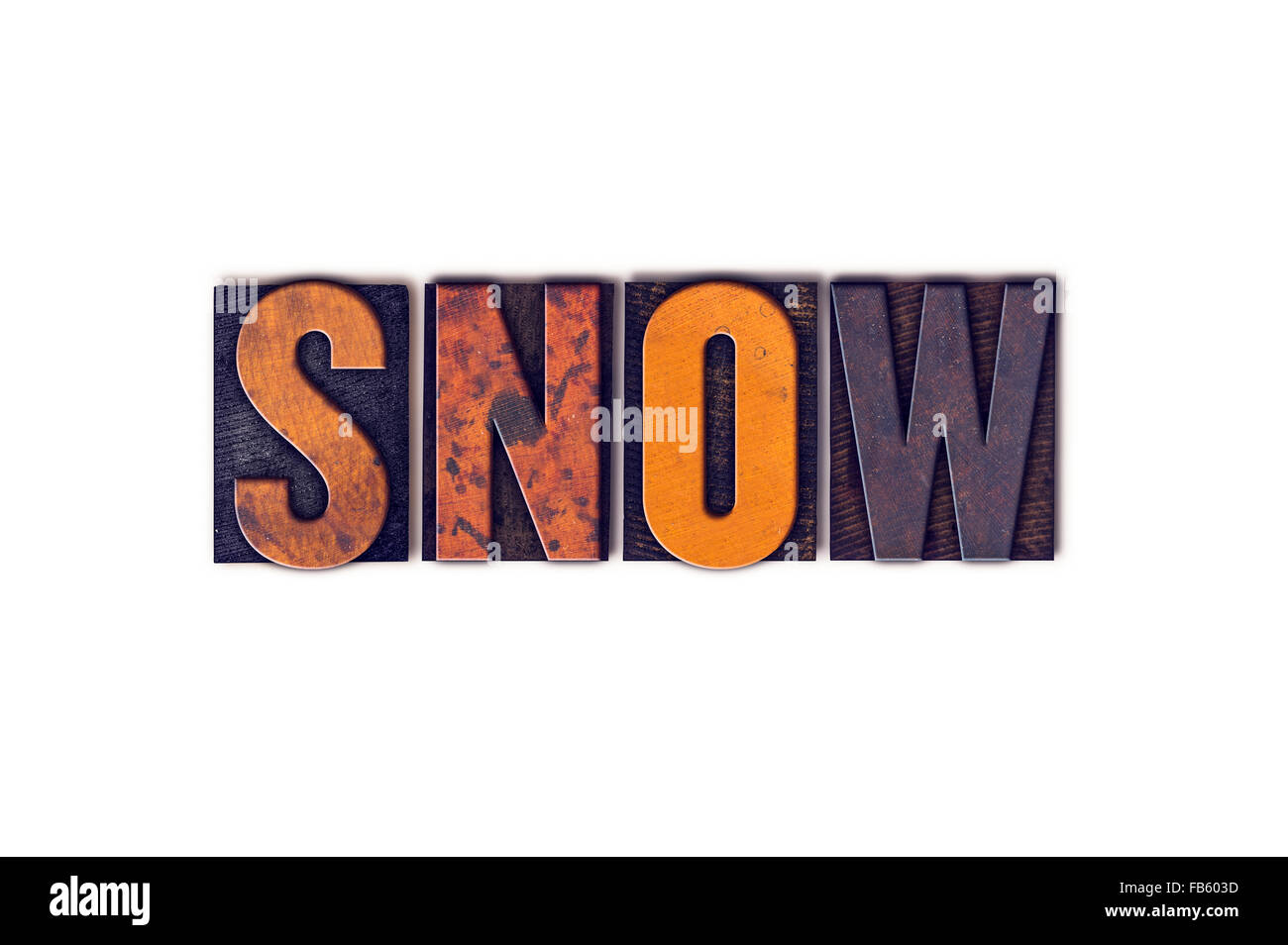 The word "Snow" written in isolated vintage wooden letterpress type on ...