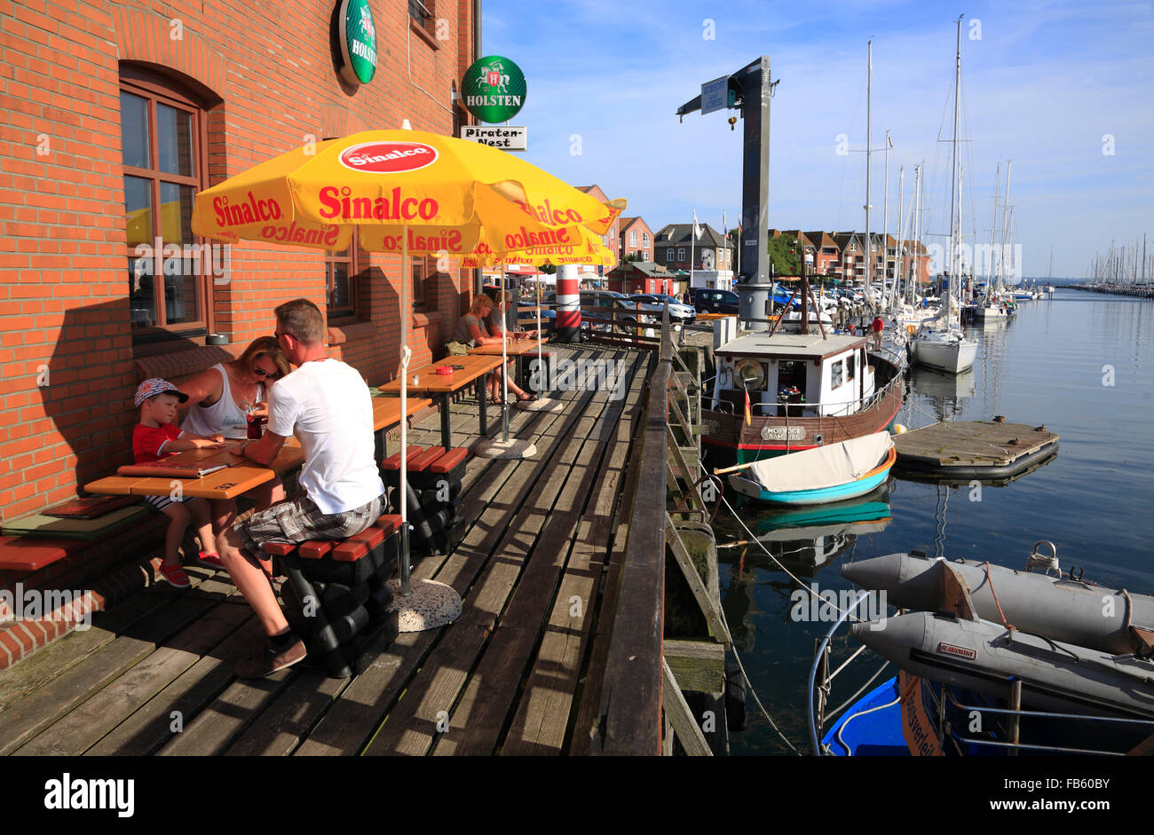 Cafe in the harbour of Orth, Fehmarn island, Baltic sea coast ...