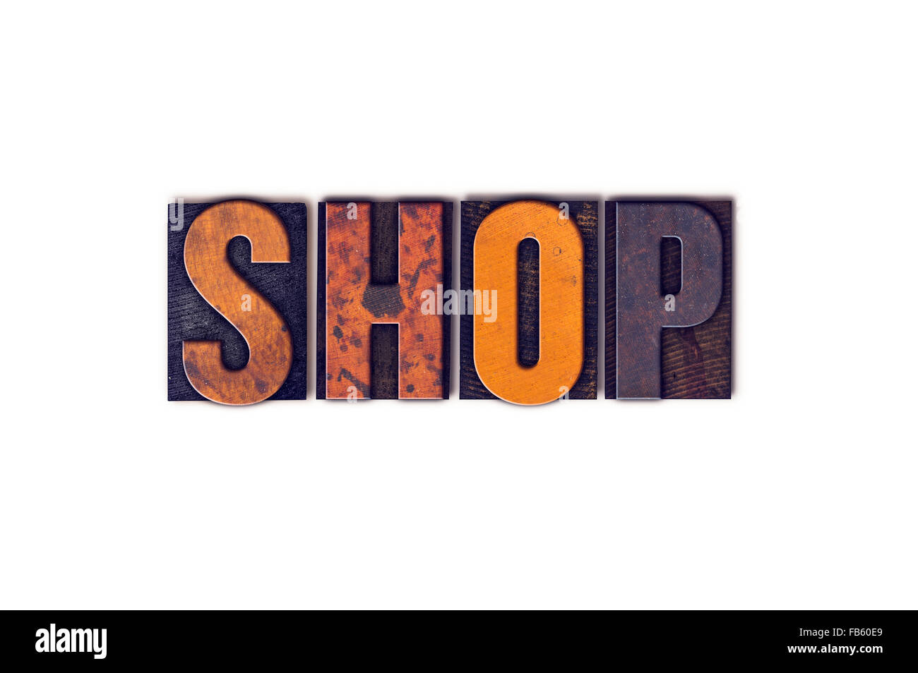 The word "Shop" written in isolated vintage wooden letterpress type on ...