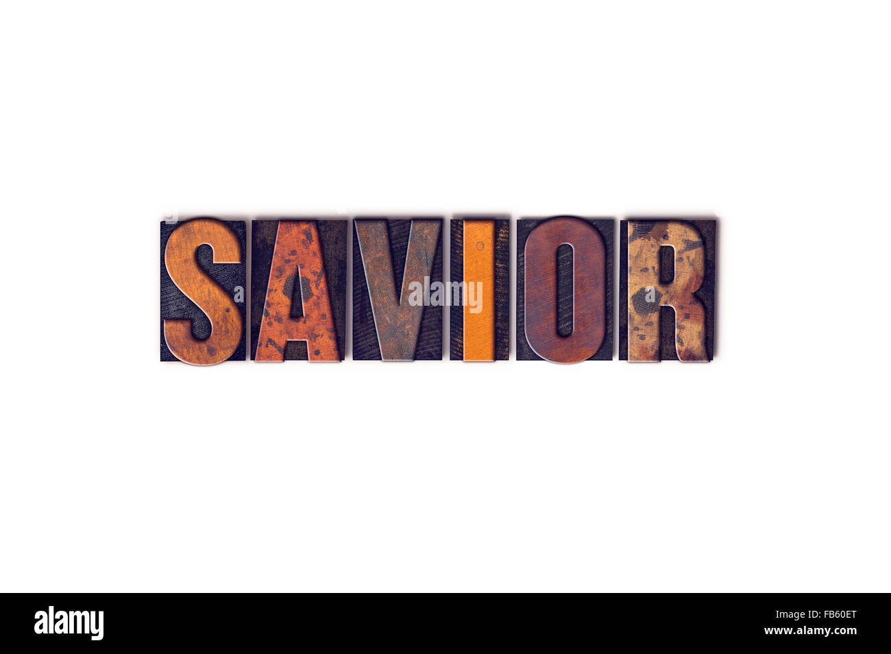 The word "Savior" written in isolated vintage wooden letterpress type ...