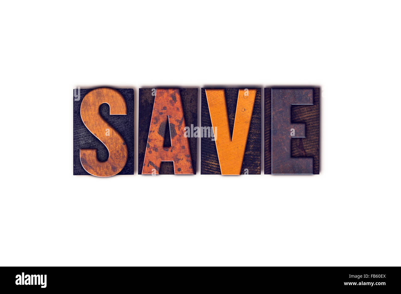 The word "Save" written in isolated vintage wooden letterpress type on ...