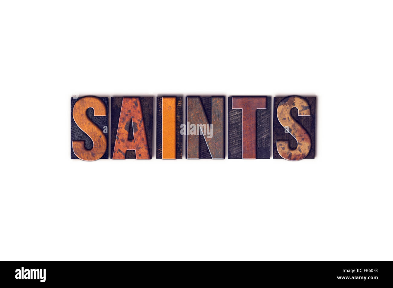 The word "Saints" written in isolated vintage wooden letterpress type ...