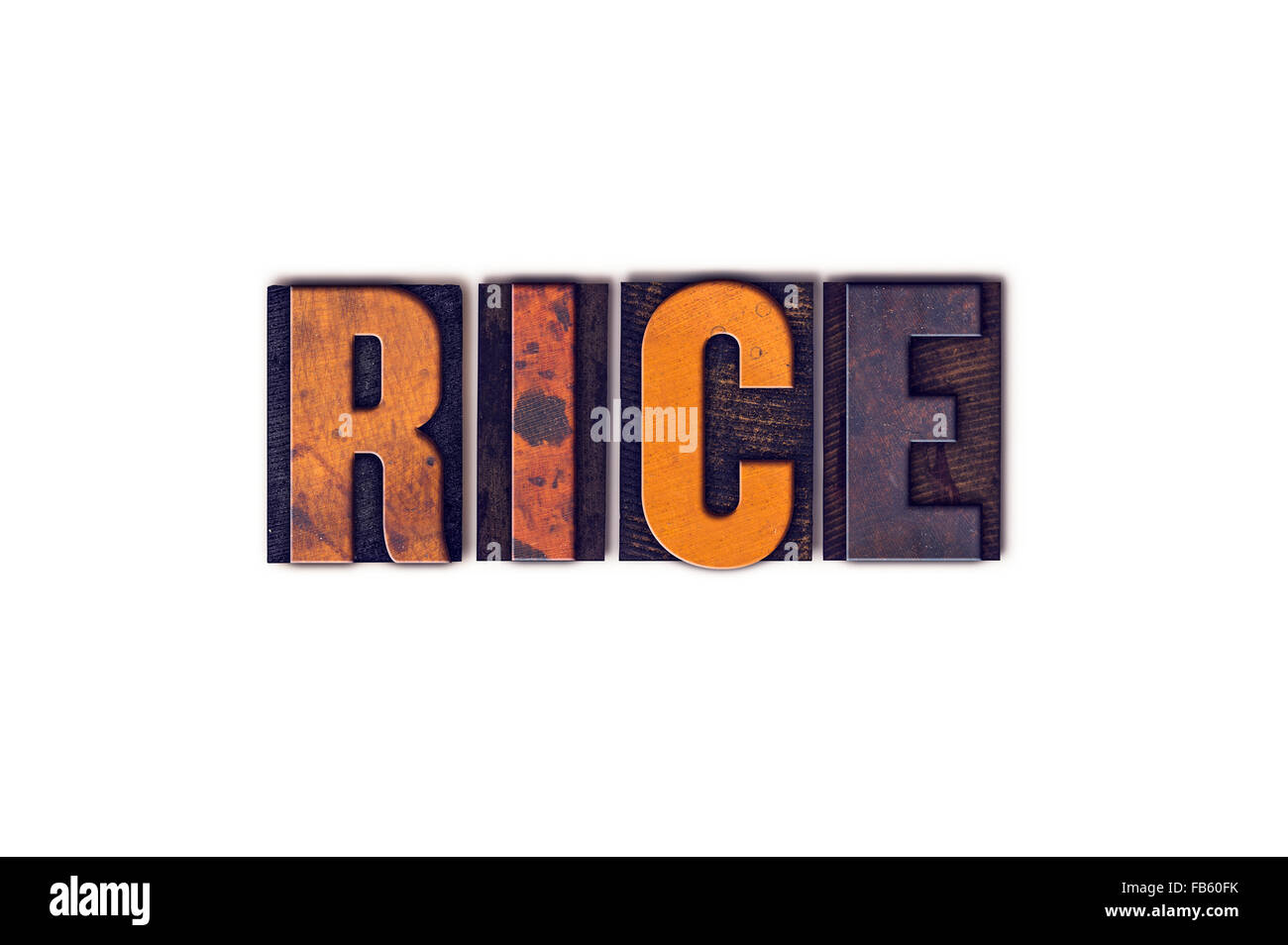 The word "Rice" written in isolated vintage wooden letterpress type on ...