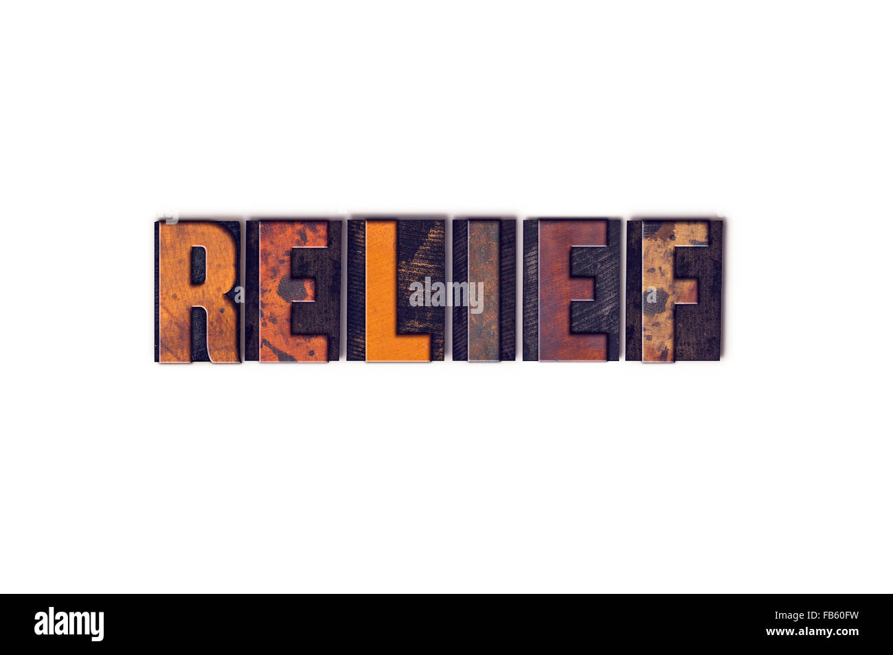 The word "Relief" written in isolated vintage wooden letterpress type ...