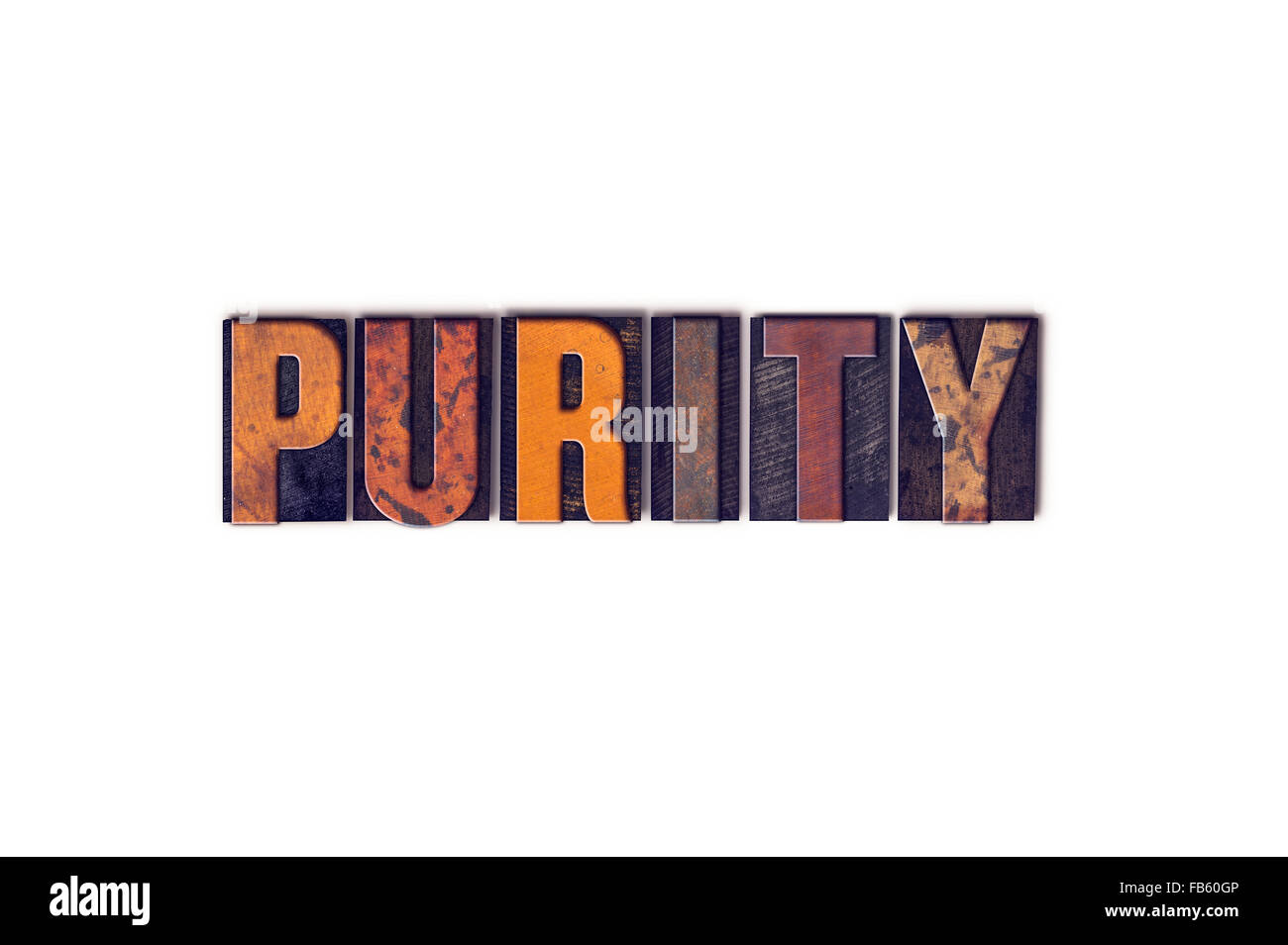 The word "Purity" written in isolated vintage wooden letterpress type ...