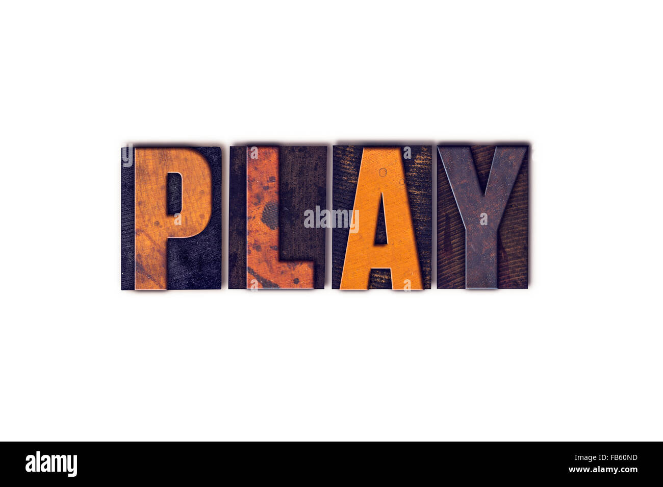 The word "Play" written in isolated vintage wooden letterpress type on ...