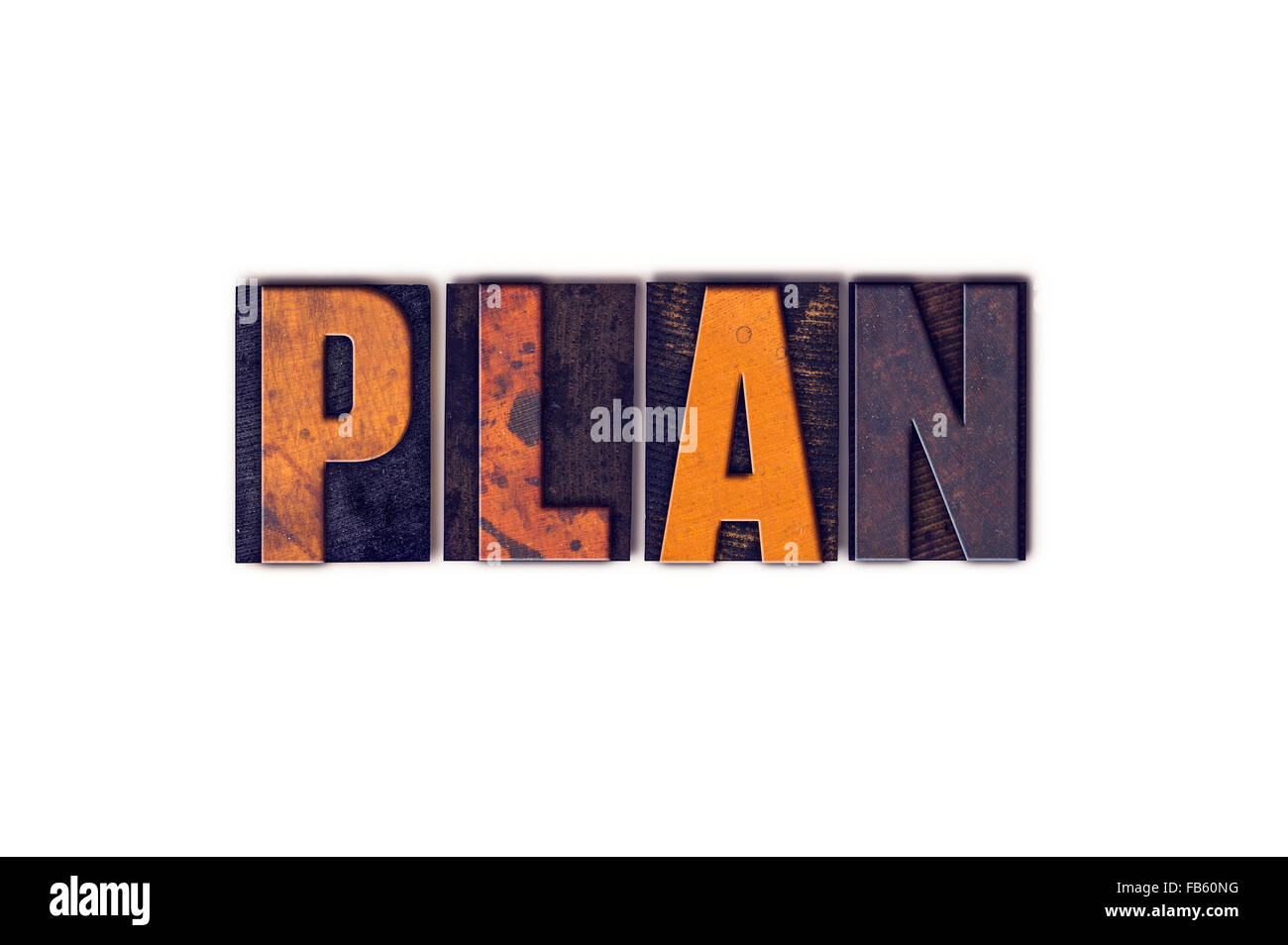 The word "Plan" written in isolated vintage wooden letterpress type on ...