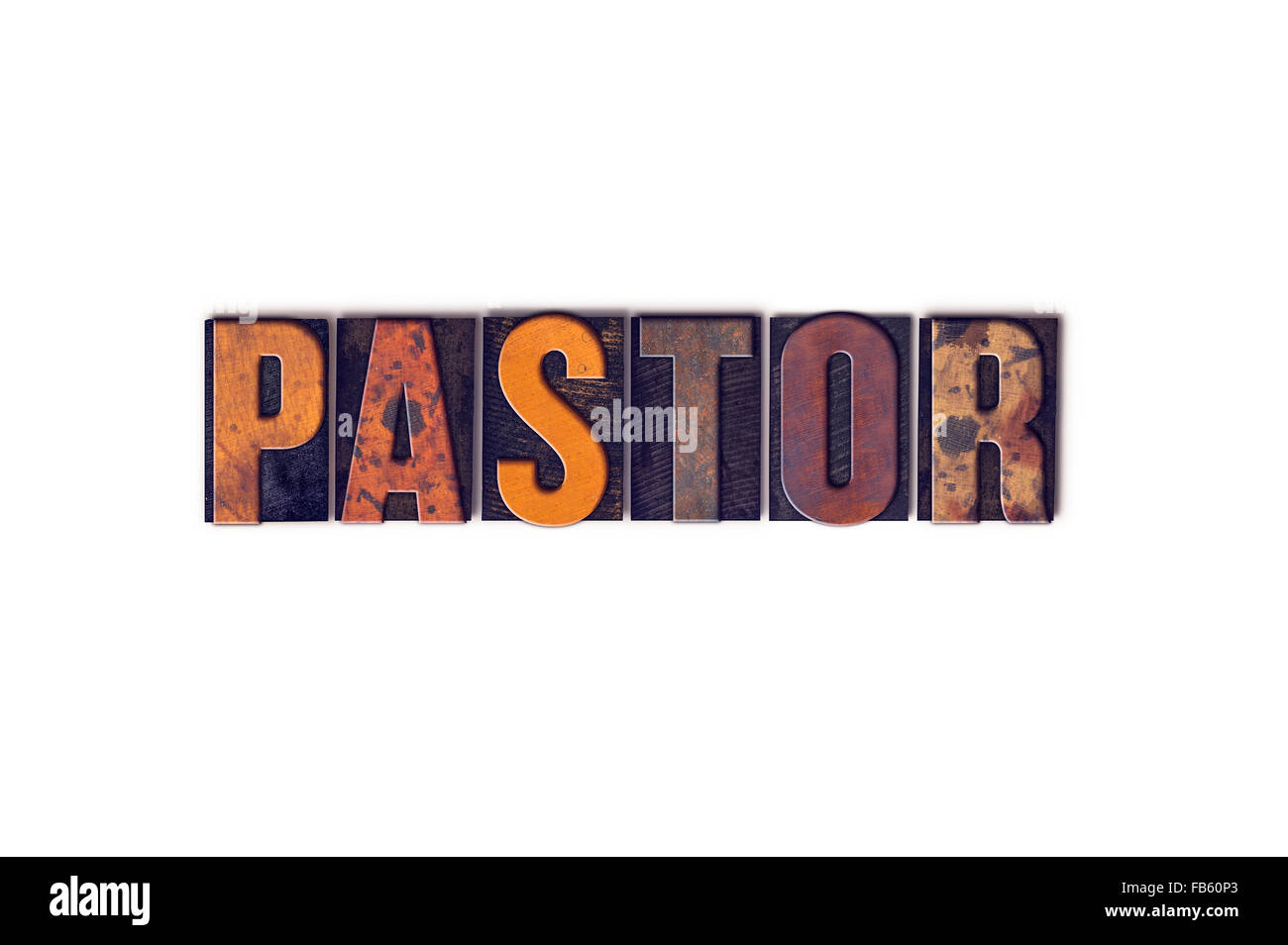 The word "Pastor" written in isolated vintage wooden letterpress type ...