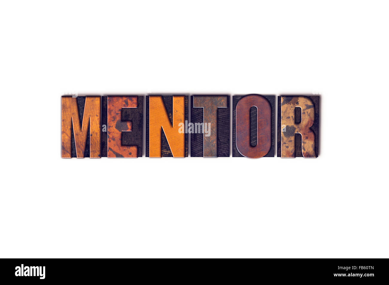 The word "Mentor" written in isolated vintage wooden letterpress type ...