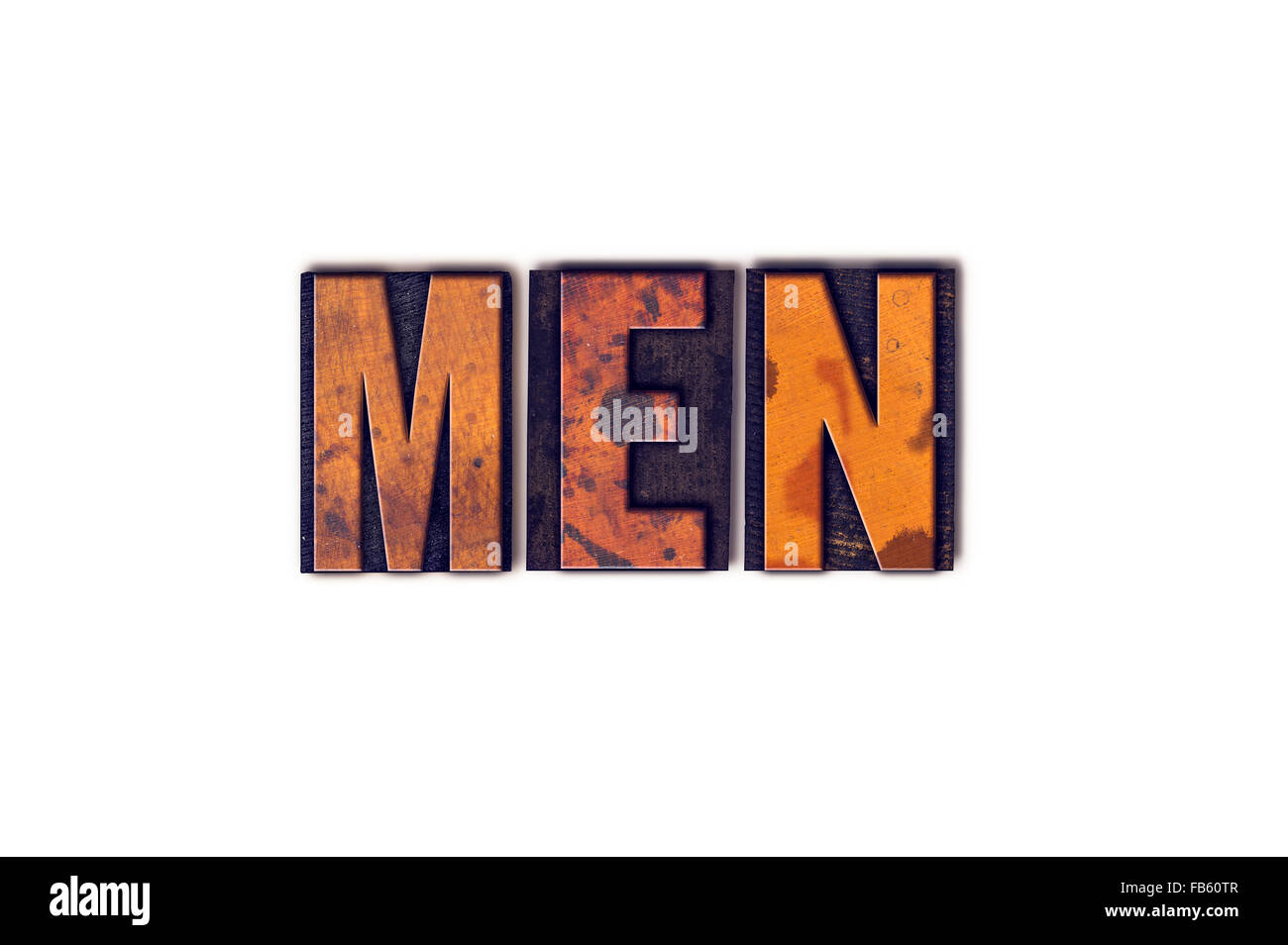 The word "Men" written in isolated vintage wooden letterpress type on a ...