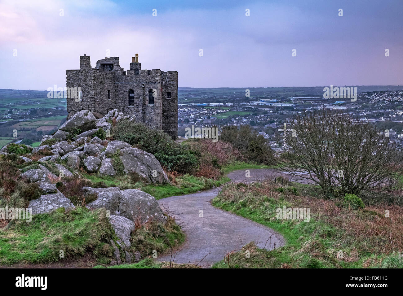 Carn Brea castle overlooking the town of Redruth in Cornwall, UK Stock ...