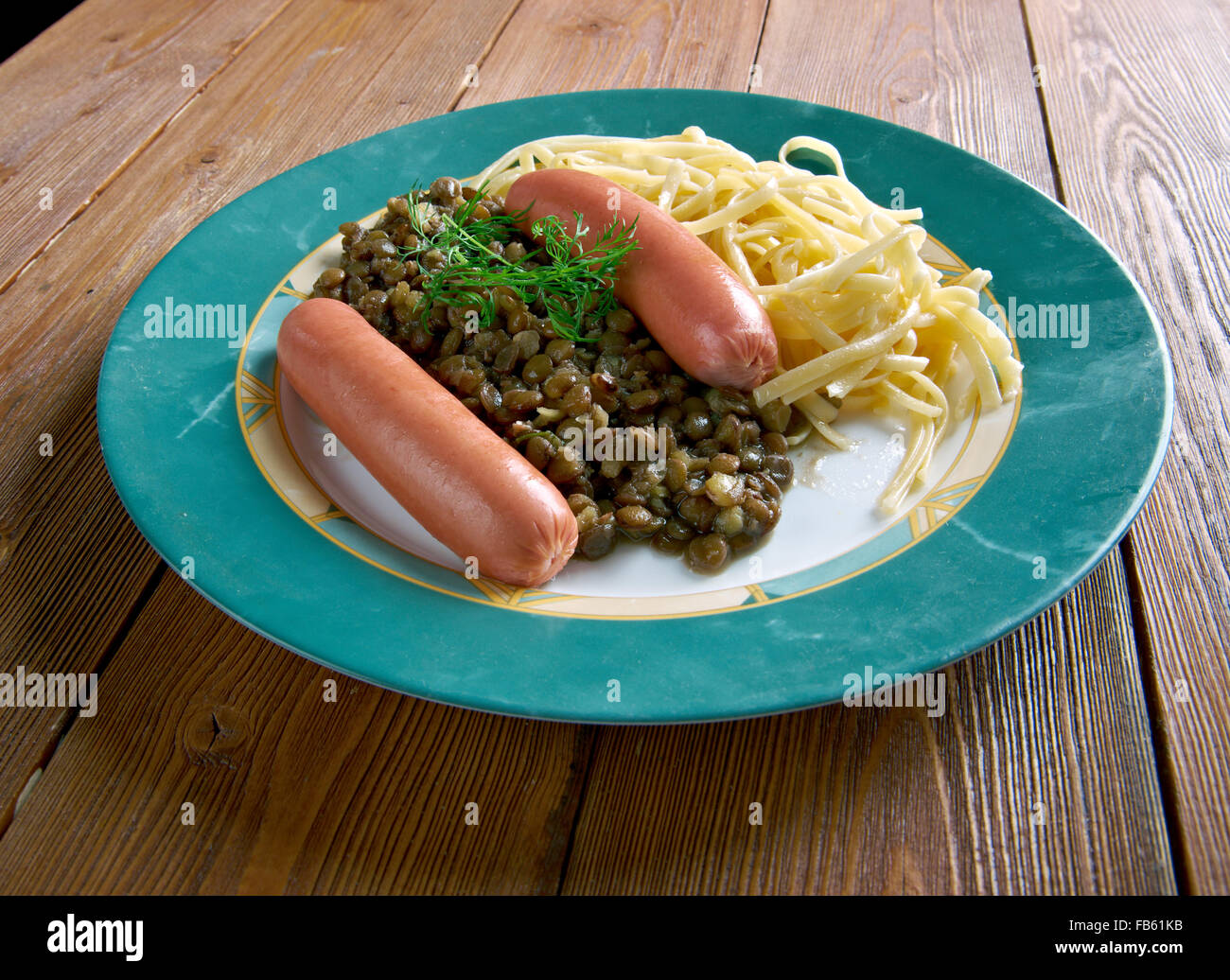 Linsen mit Spatzle - lentils with Swabian pasta.accompanied with wiener ...