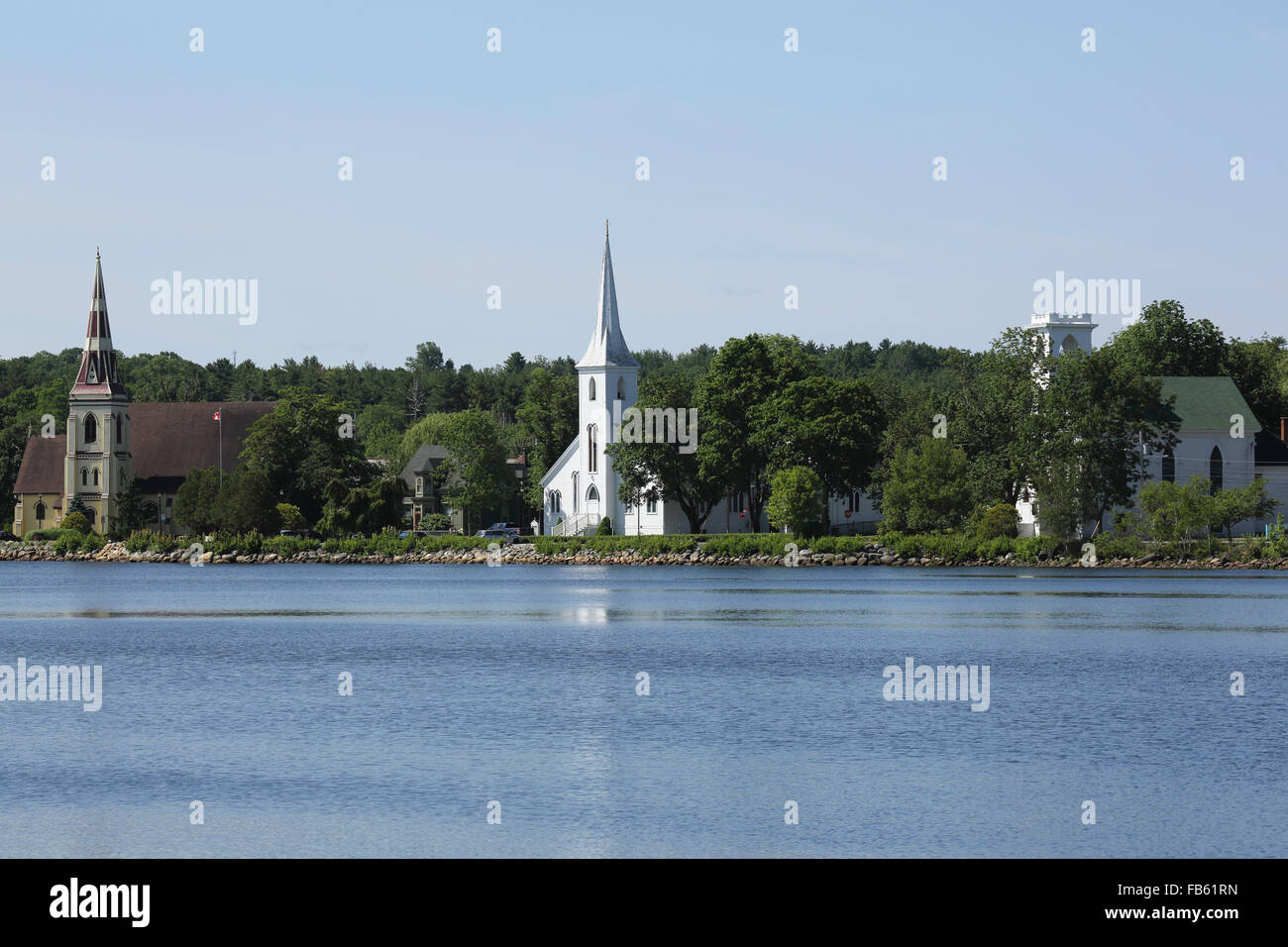 The three churches at Mahone Bay in Nova Scotia, Canada. The three ...