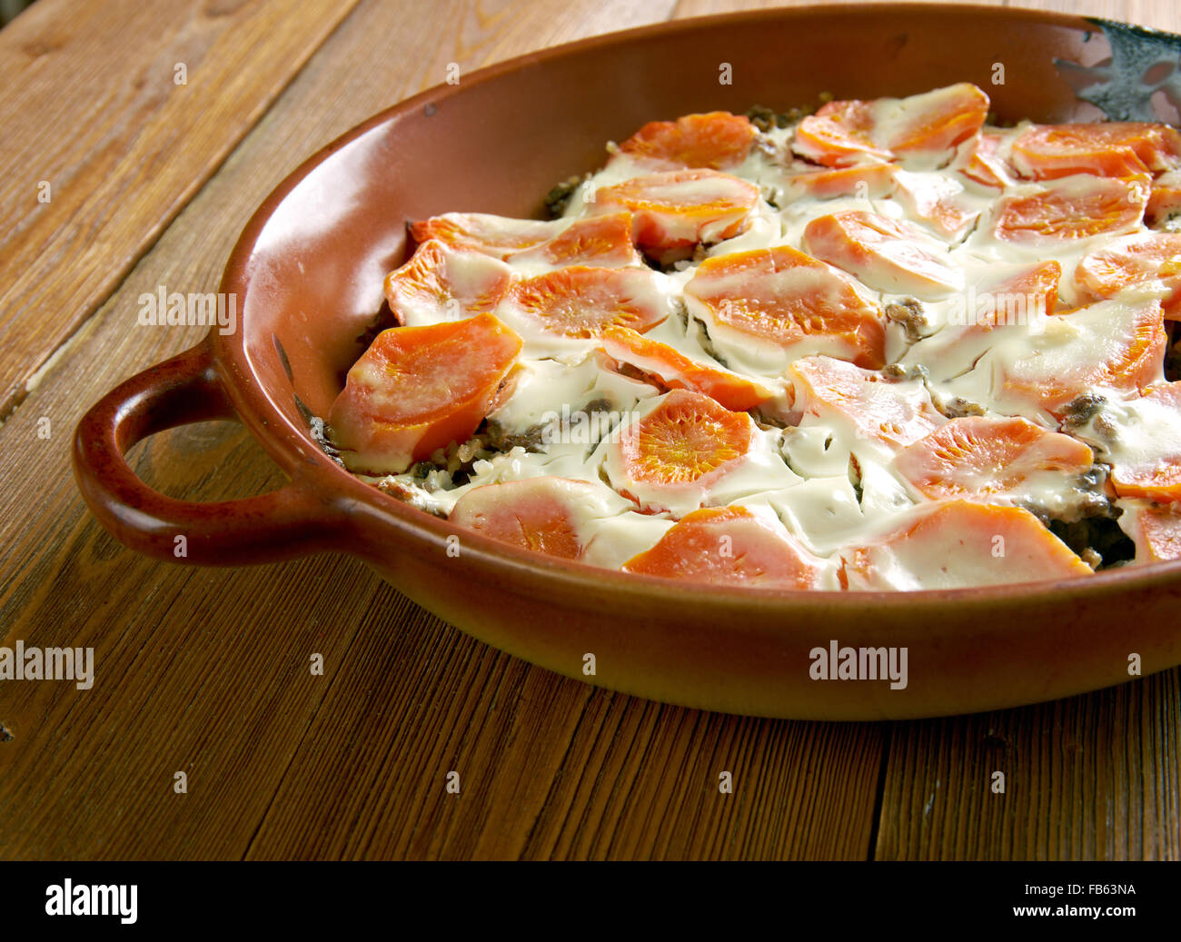 Scalloped Carrots Casserole with minced meat and vegetables Stock Photo ...