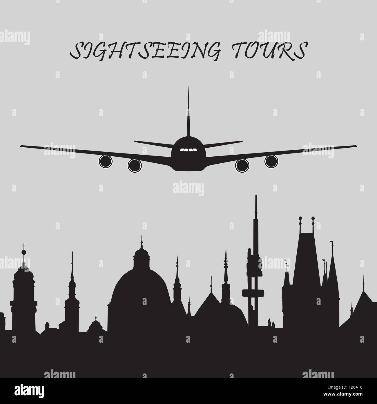 Black and white icon of sightseeing tours with a plane and cityscape of ...