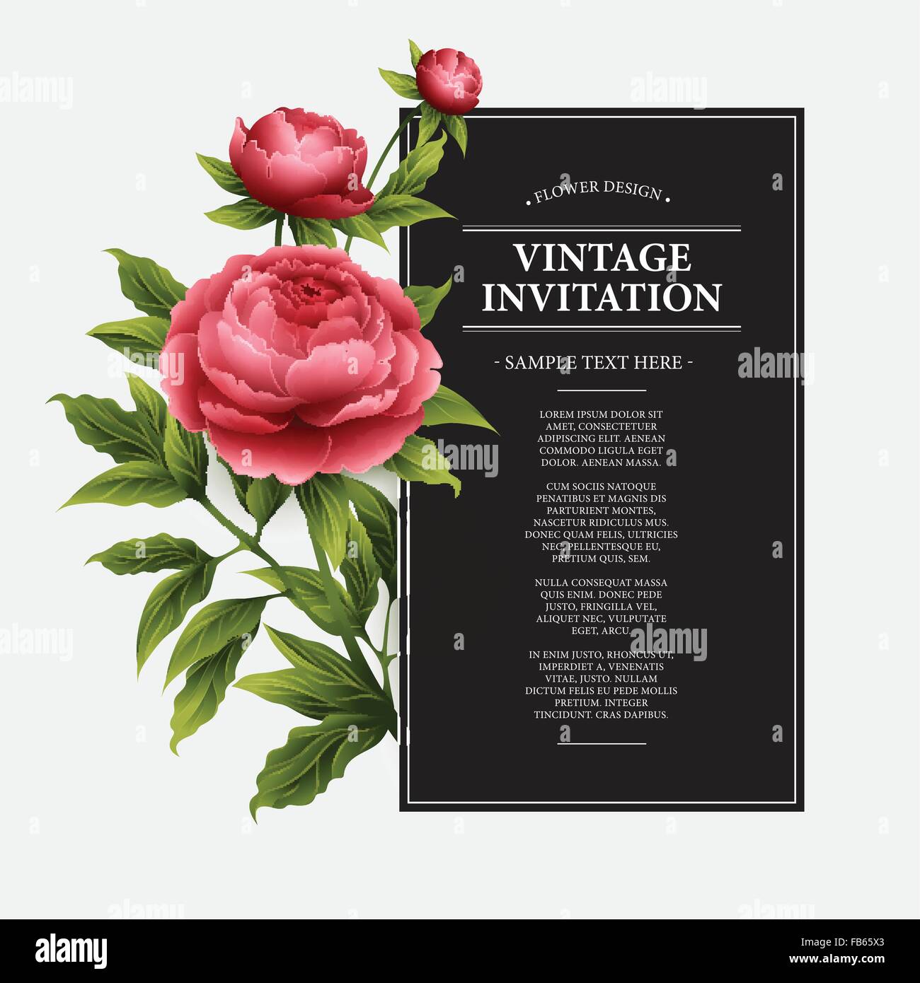 Luxurious peony flower and leaves greeting card. Vector illustration ...