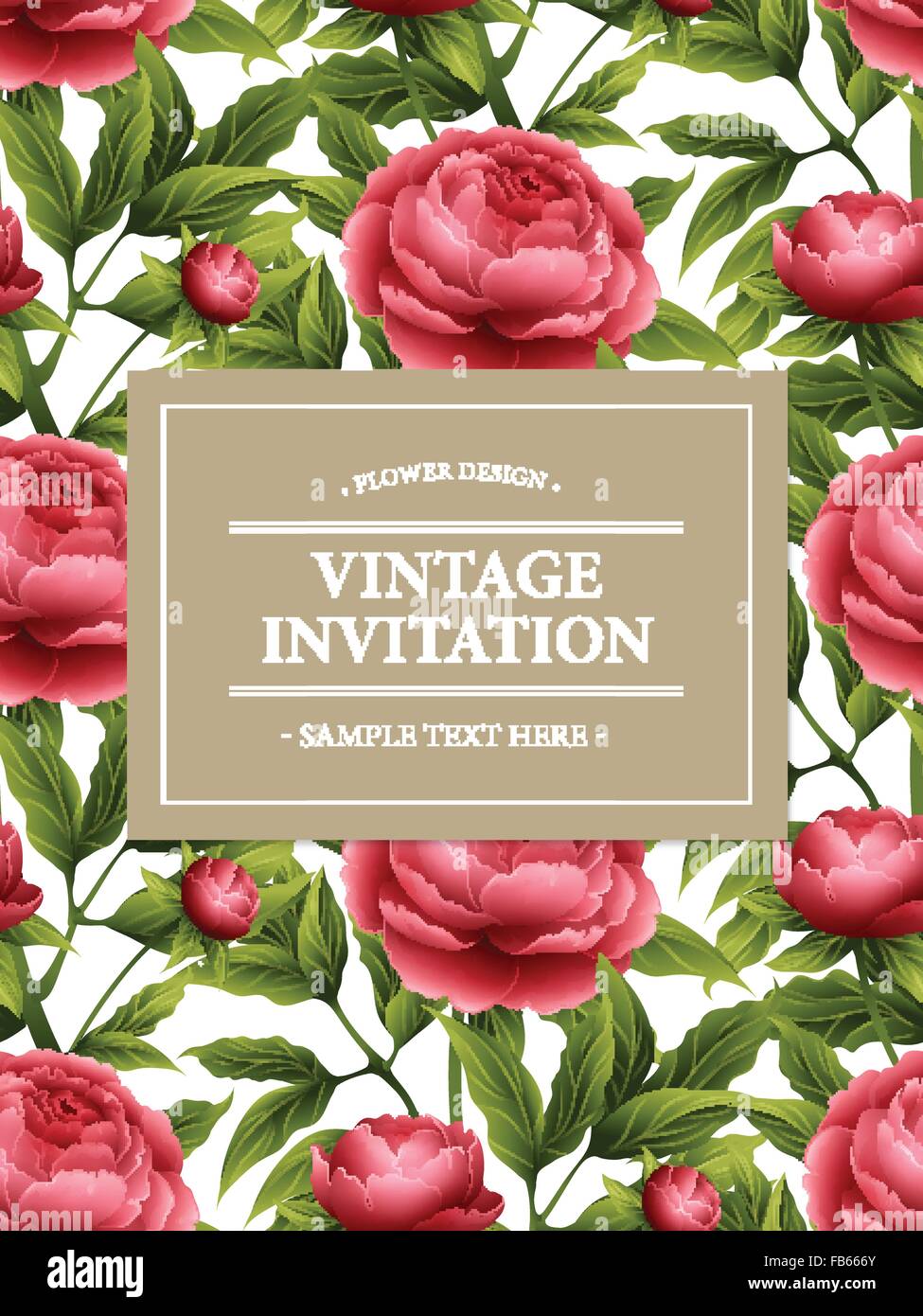 Luxurious peony flower and leaves greeting card. Vector illustration ...