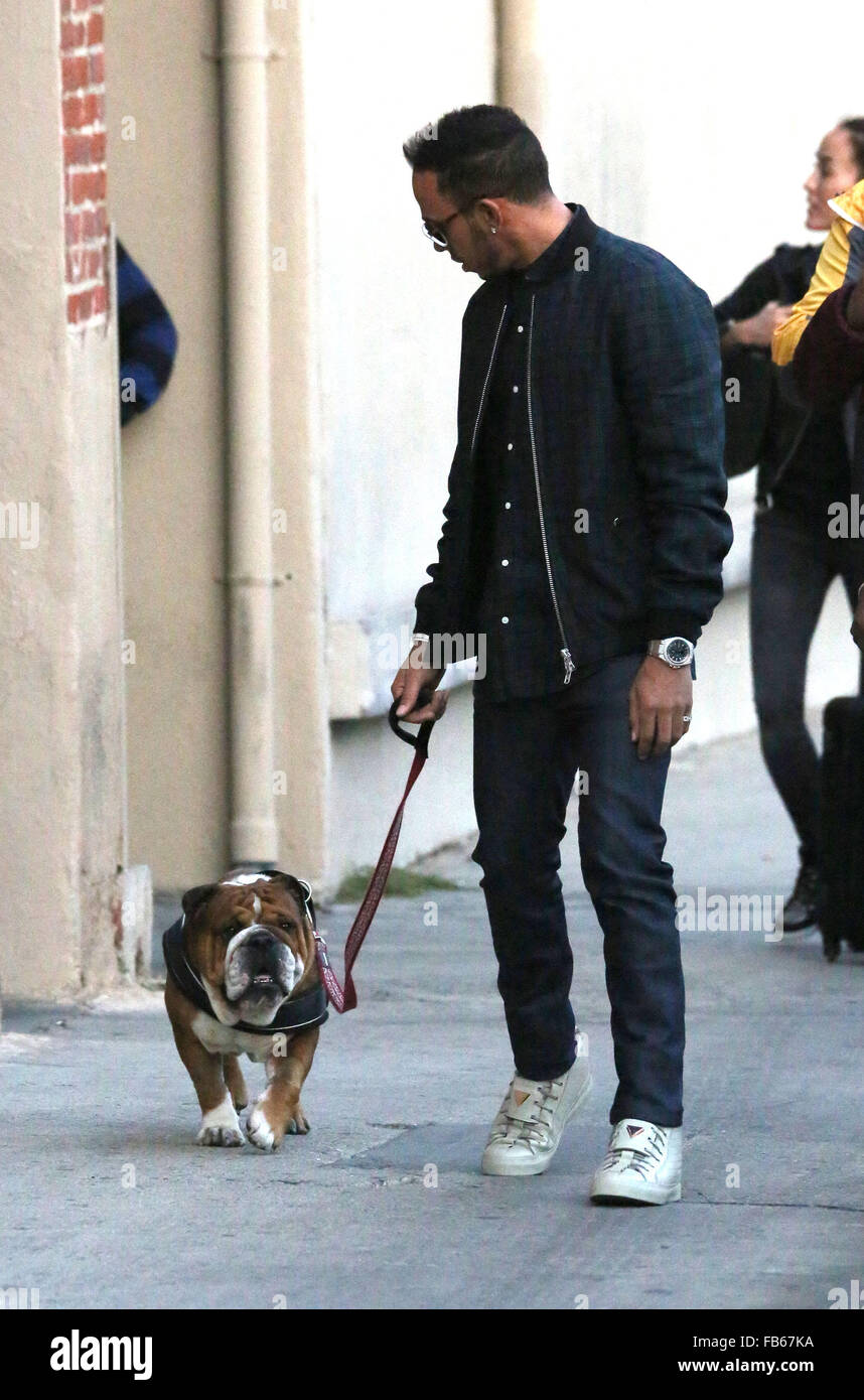 Lewis Hamilton and his bulldog Roscoe seen arriving at the ABC studios ...