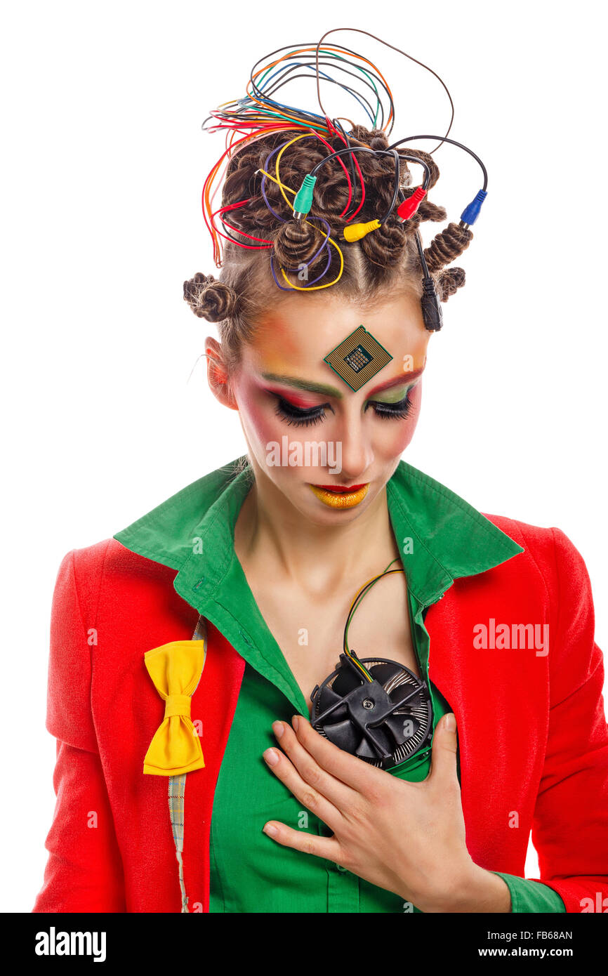 Girl geek corrects the cooler in place of the heart. Crazy programmer ...