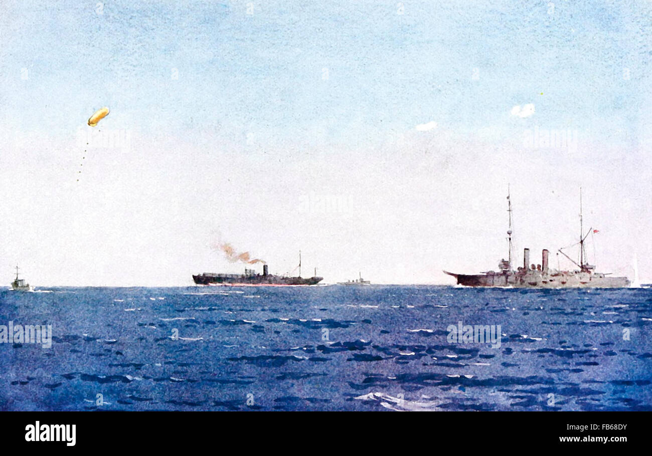 Balloon Ship Hector with kite balloon up, Spotting off the left flank ...