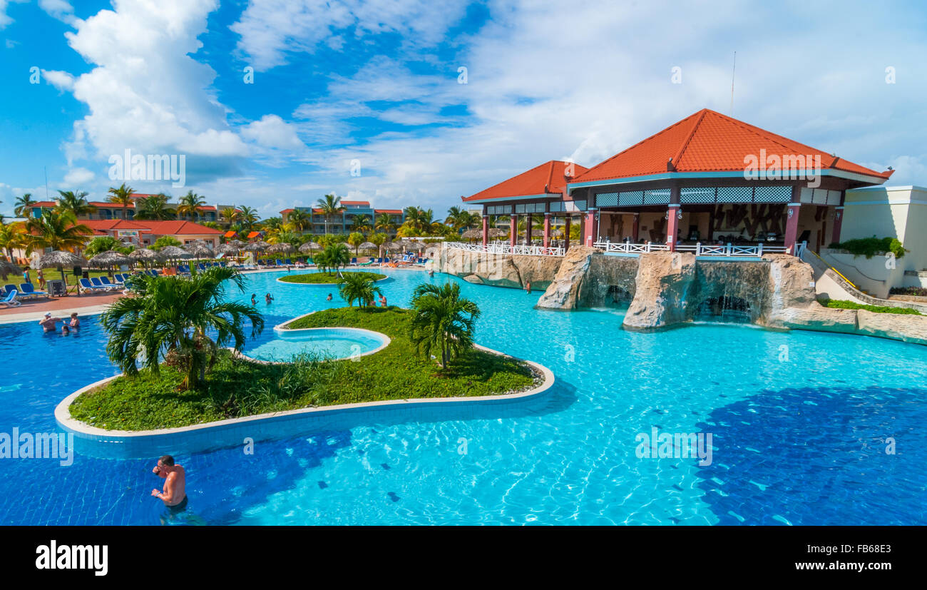 Beautiful blue sky holiday in Cuba. View from main pool, getaway ...