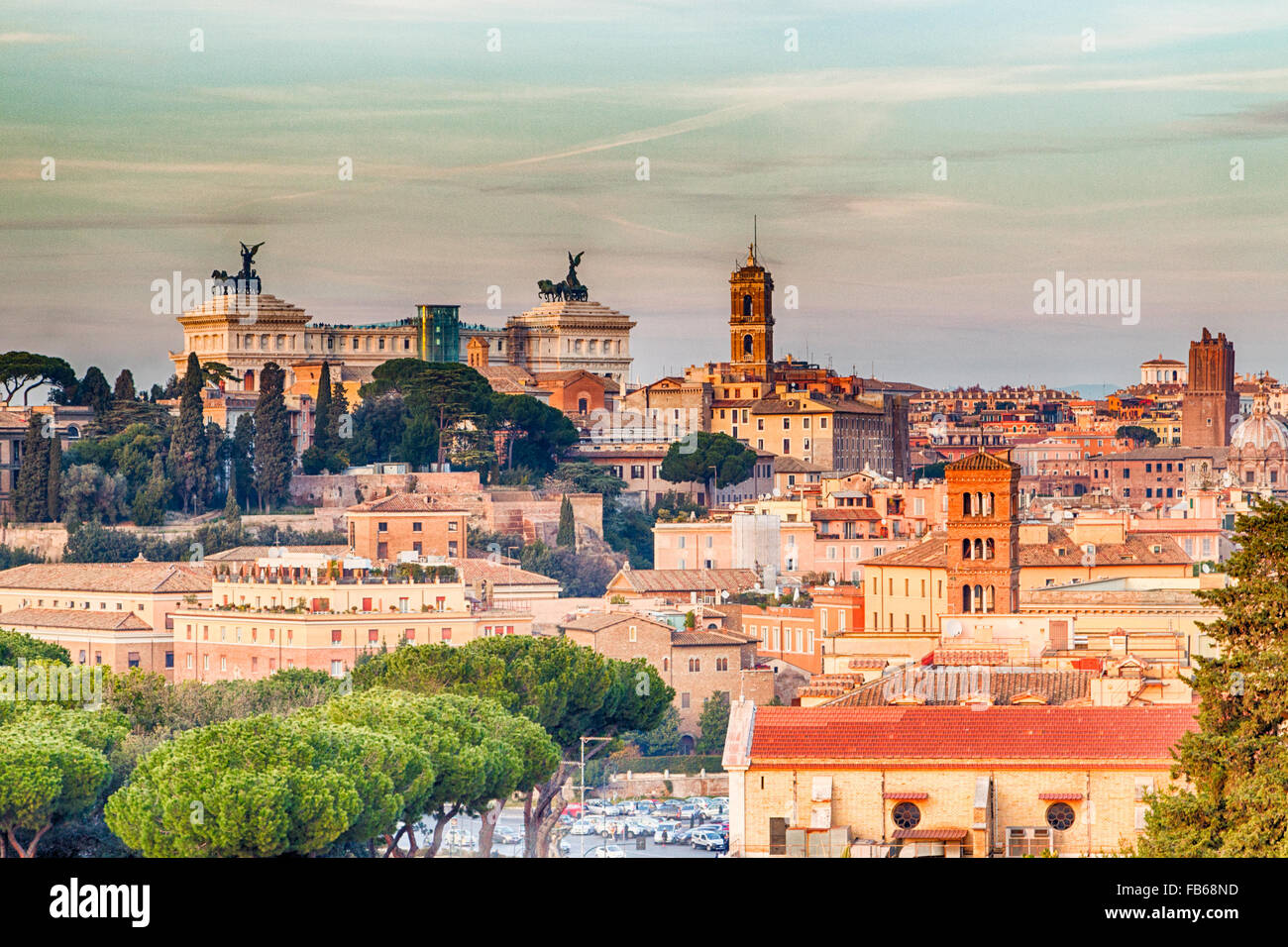 overlooking the rooftops of Rome, historic palaces, Catholic churches ...