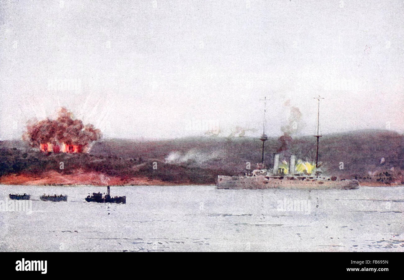 HMS Talbot in Suvla Bay, shelling enemy ridges at dusk - Dardanelles ...
