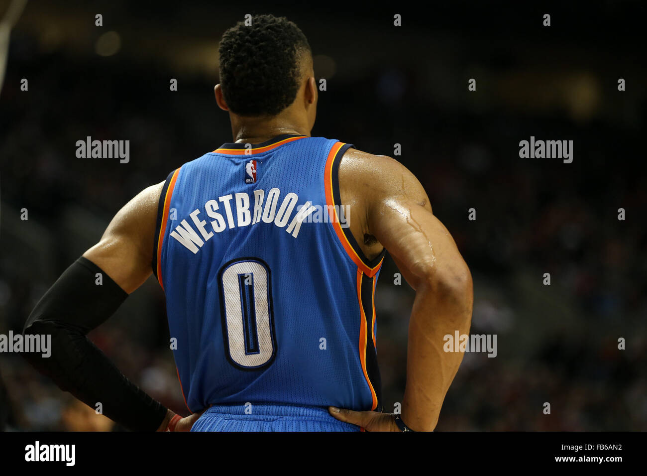 Portland, Oregon, USA. 10th January, 2016. RUSSEL WESTBROOK (0) waits ...