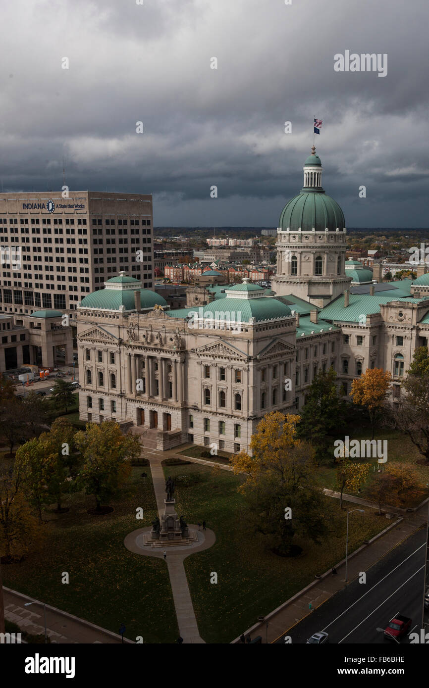 Aerial view of Indiana State Capitol with cloudy sky, Indianapolis ...