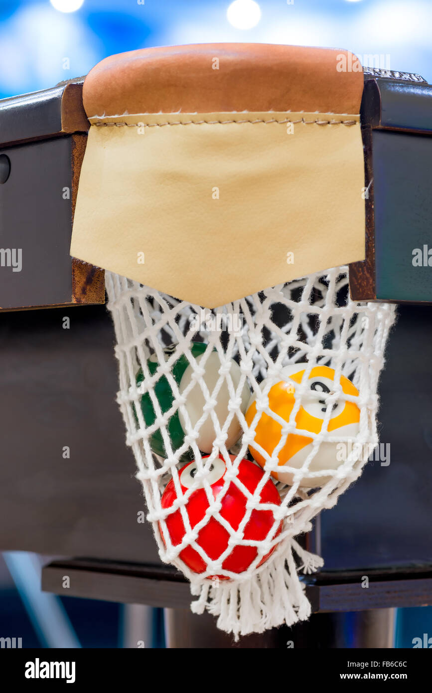some billiard balls in the net of the table Stock Photo - Alamy