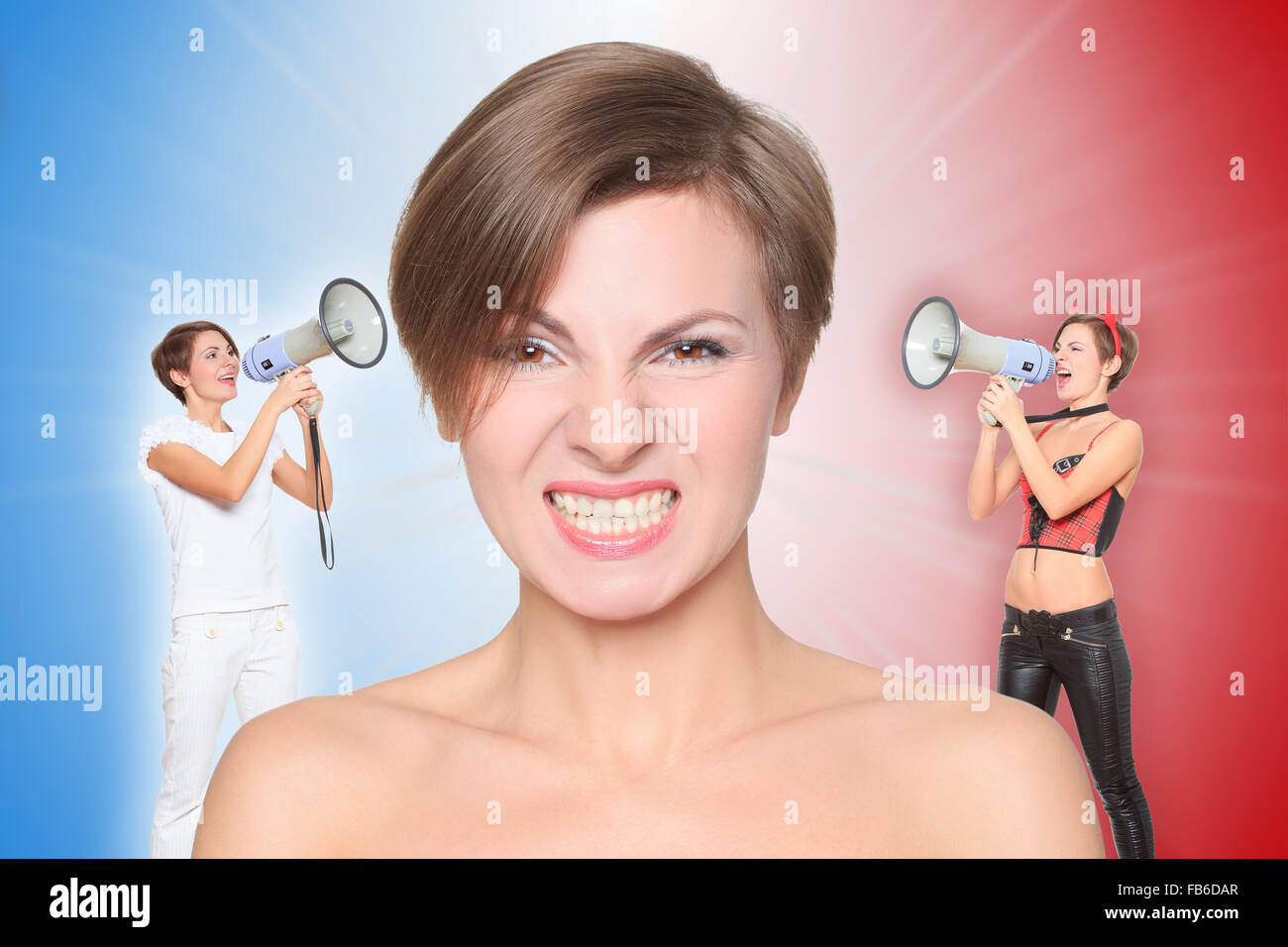 concept, angel and demon. portrait angry girl. good and evil, screaming ...