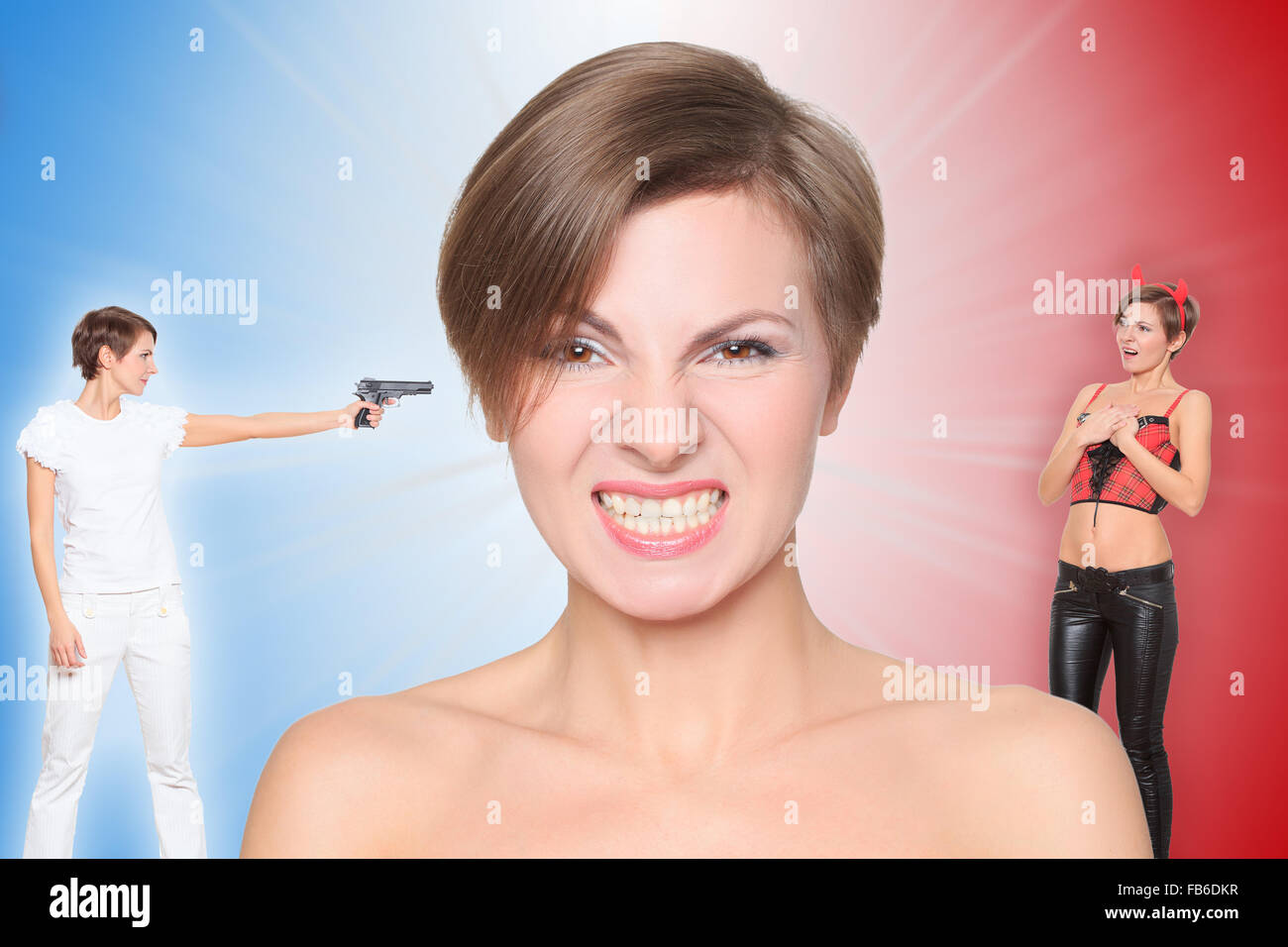 concept, angel and demon. portrait angry girl. Angel kills the evil ...