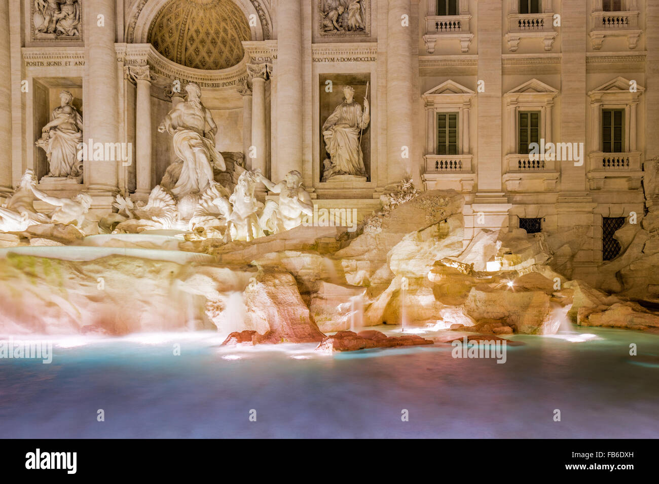 Night view of water, statues and artificial rocks in the architecure of ...